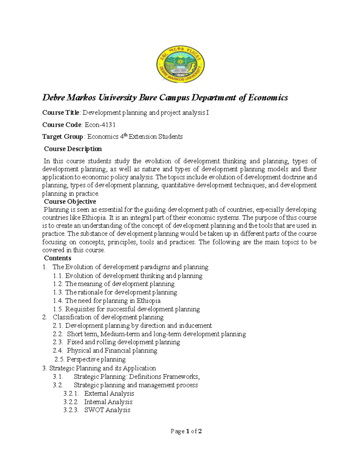 Econ-4131 Course Outline: Development Planning & Project Analysis I ...