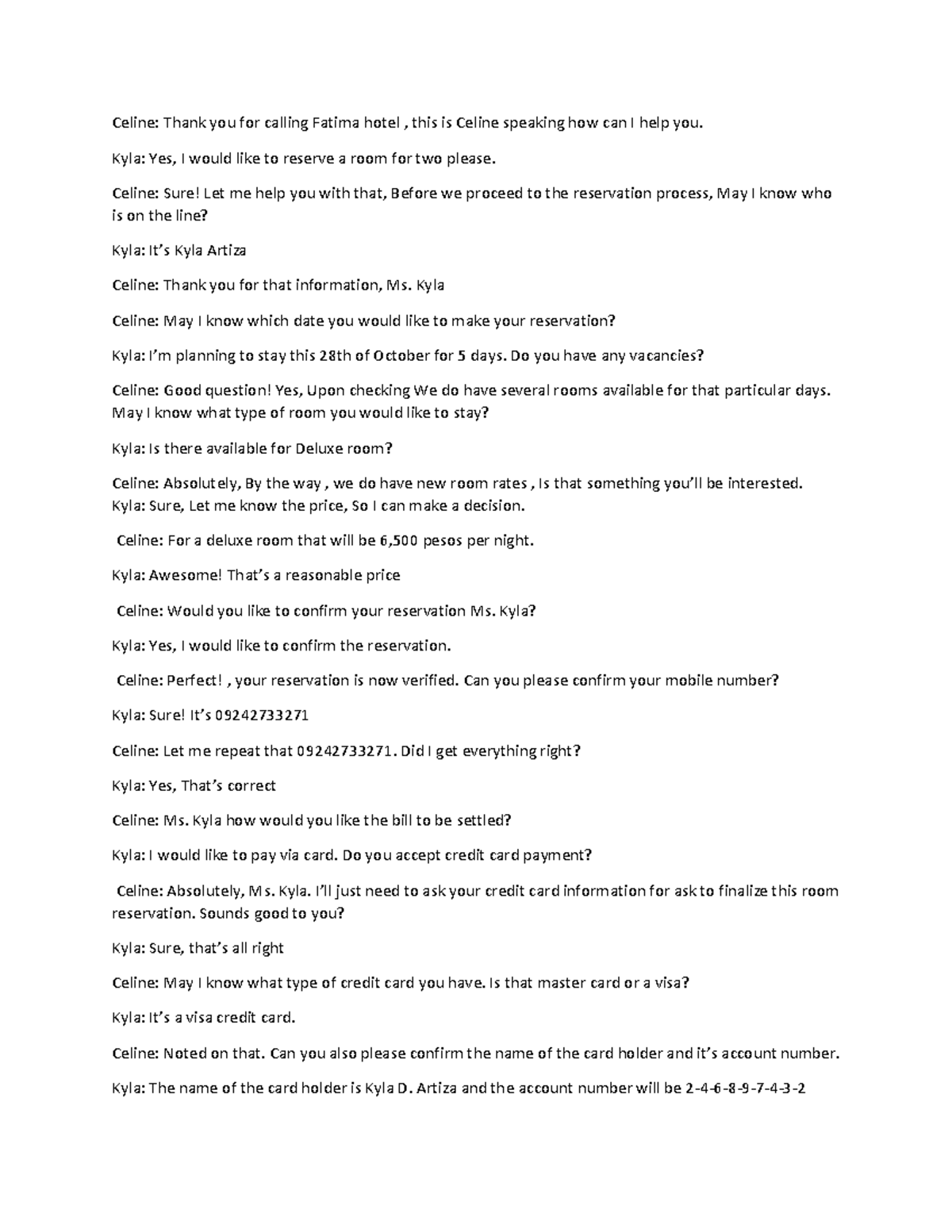 PRE-Arrival Script for Hotel Reservations Practice - Studocu