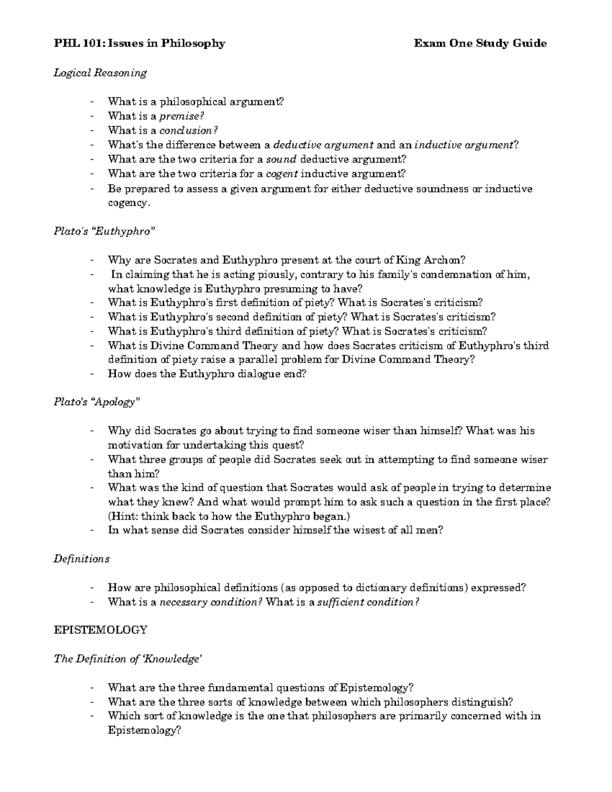 PHL 101: Exam One Study Guide on Philosophy & Epistemology - Studocu