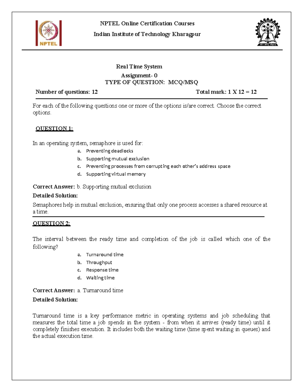 RTS Assignment 0 2025 - Real Time System Quiz Questions and Solutions ...