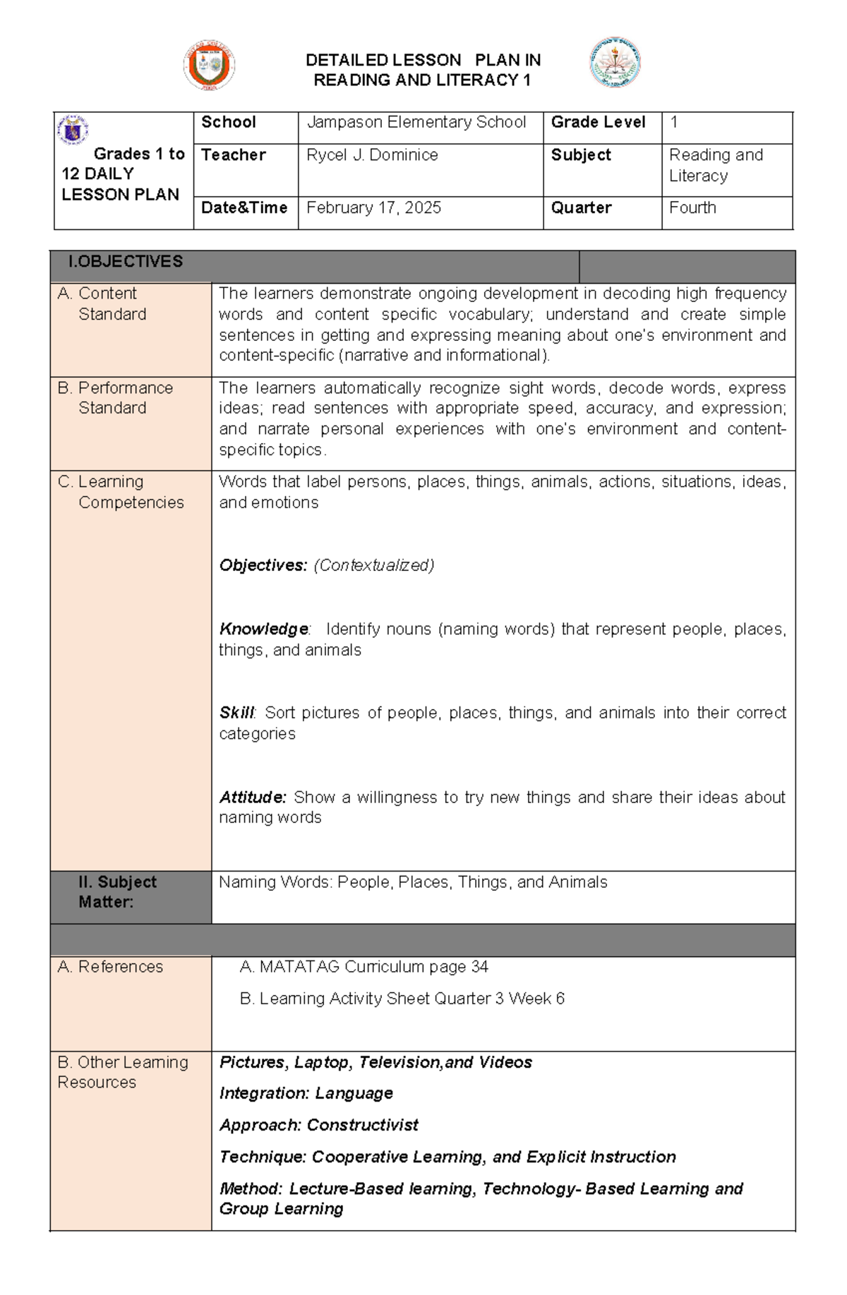 Detailed Lesson Plan (DLP): Reading and Literacy 1 for Grade 1 - Studocu