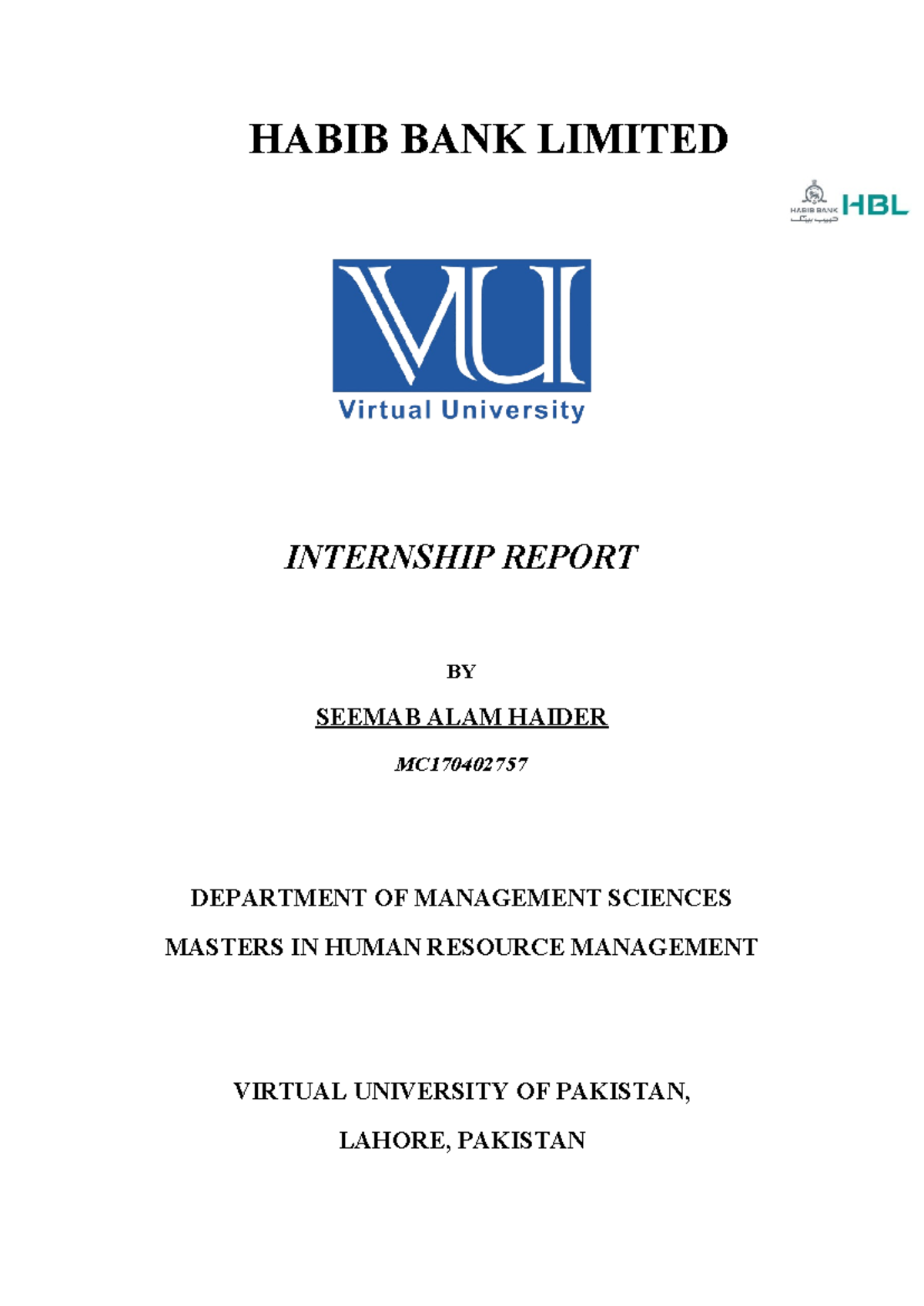 Seemab Alam Haider Internship Report 202 - HABIB BANK LIMITED ...