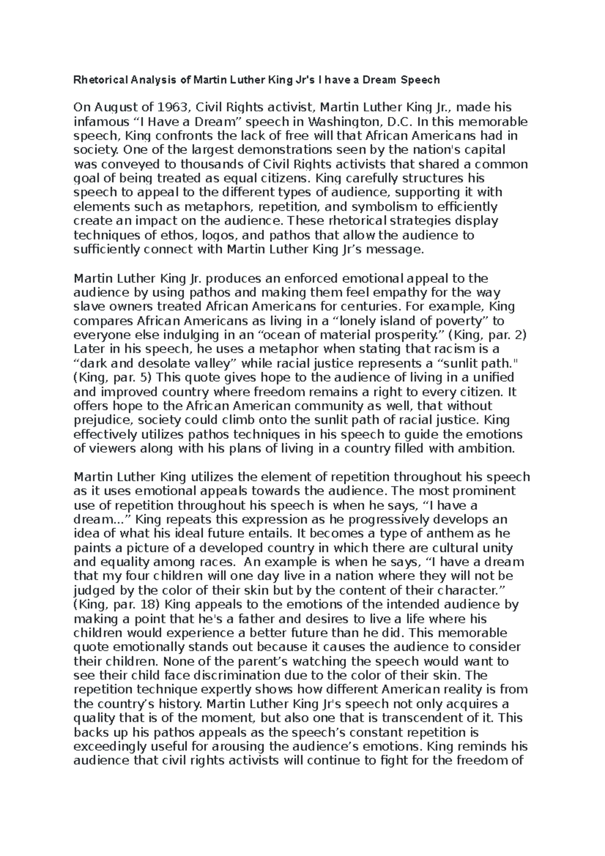 Mlk speech full essay - Grade: b+ - Rhetorical Analysis of Martin ...