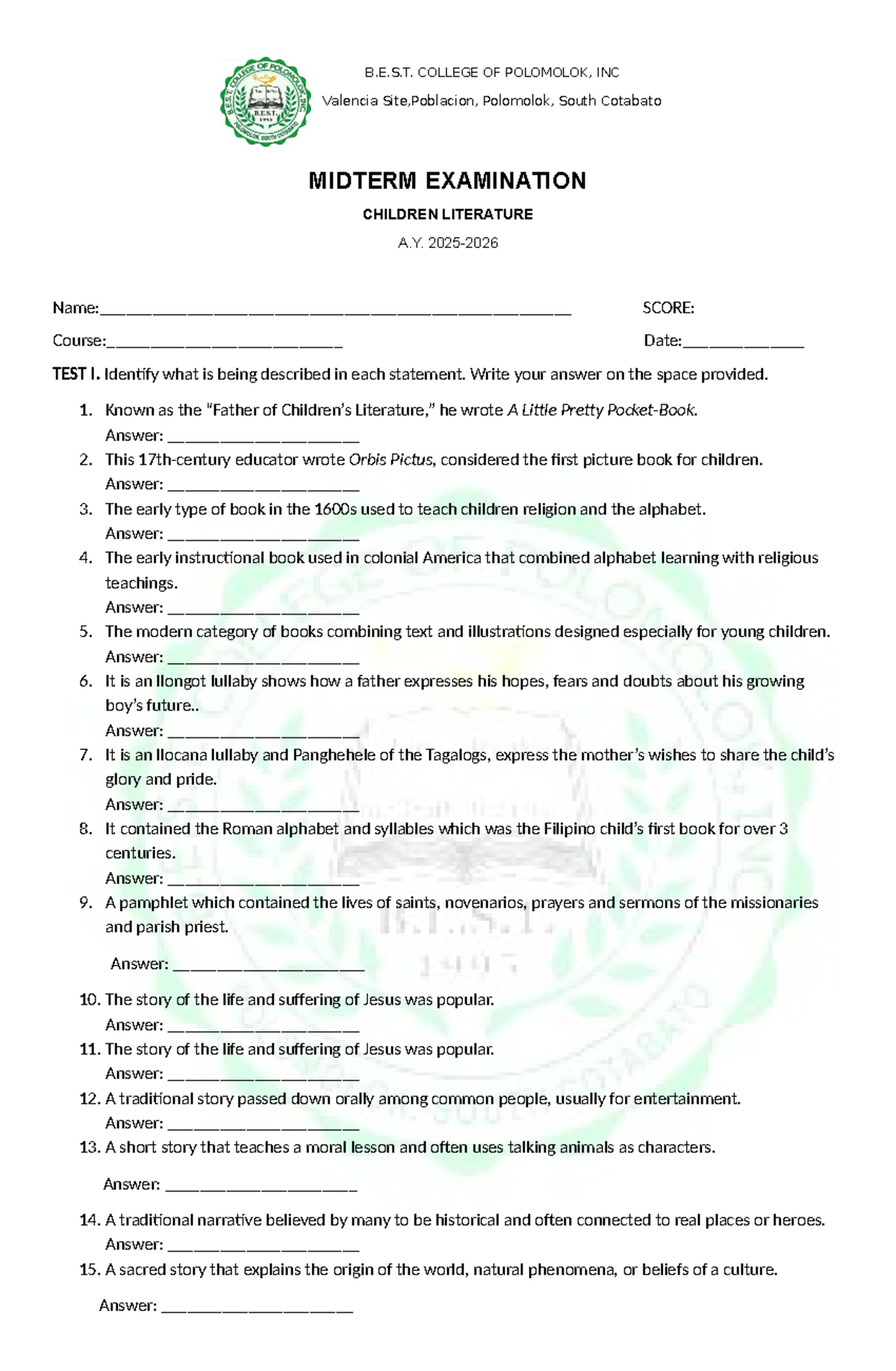 Children Literature MIDTERM EXAMINATION A.Y. 2023-2024 - Studocu