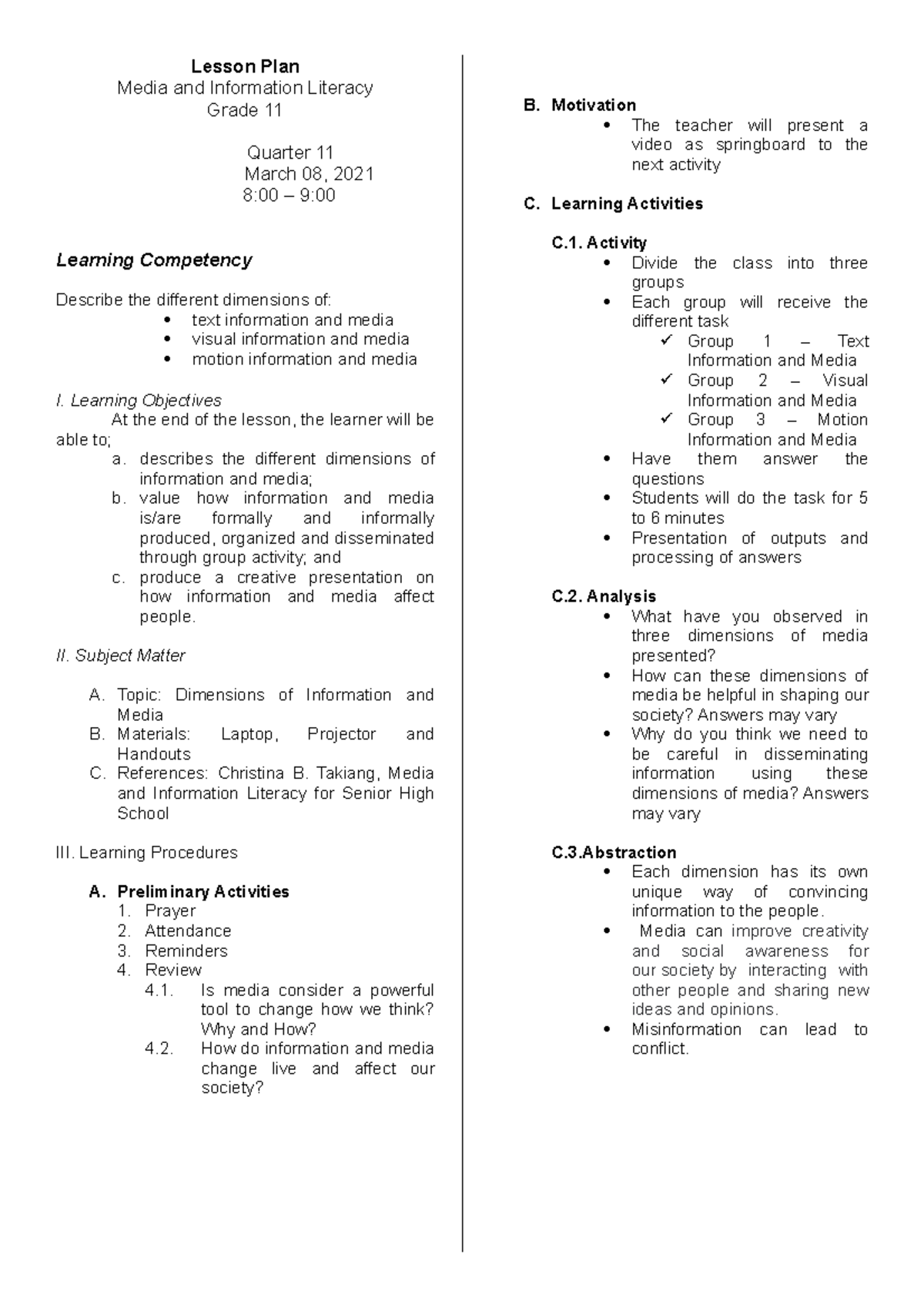 Lesson Plan Dimensions of Information and Media - Lesson Plan Media and ...