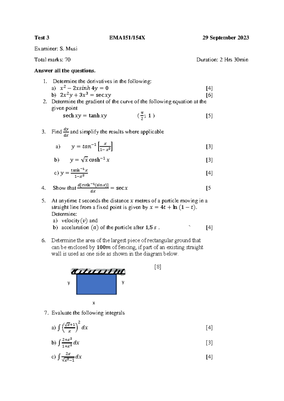 2023 Test 3 Calculus: Derivatives, Integrals, and Applications - Studocu