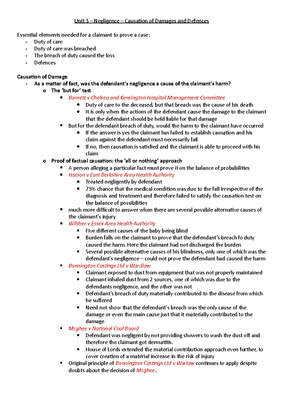 Unit 3 – Negligence: Causation of Damages & Defences Explained - Studocu