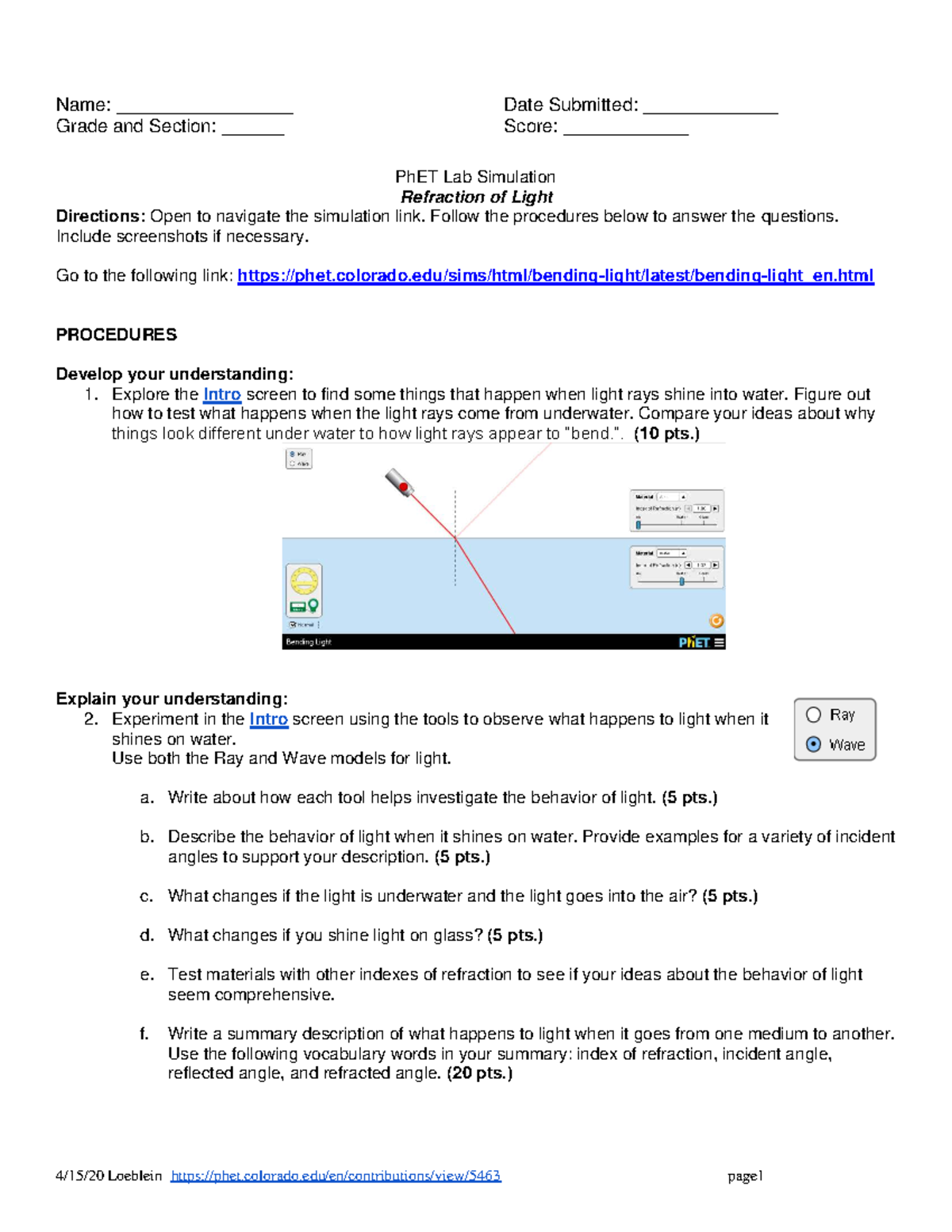 PhET Lab Simulation: Understanding Light Refraction - Studocu