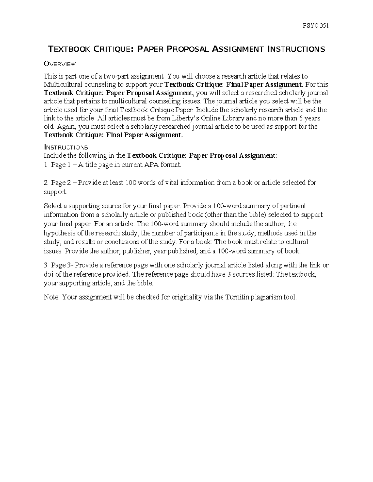 PSYC 351: Textbook Critique Paper Proposal Assignment Guidelines - Studocu