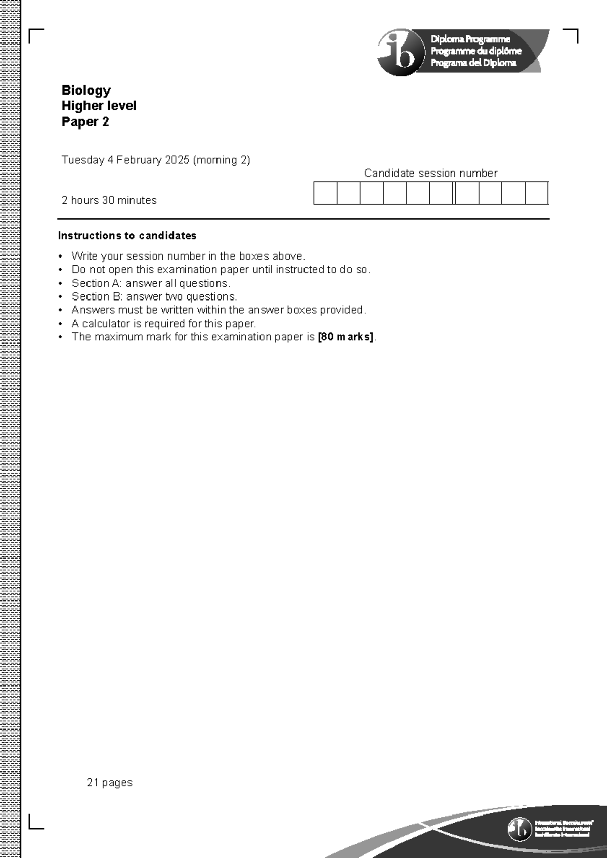 Bio HL Paper 2 Mock Exam - February 2025 - Studocu