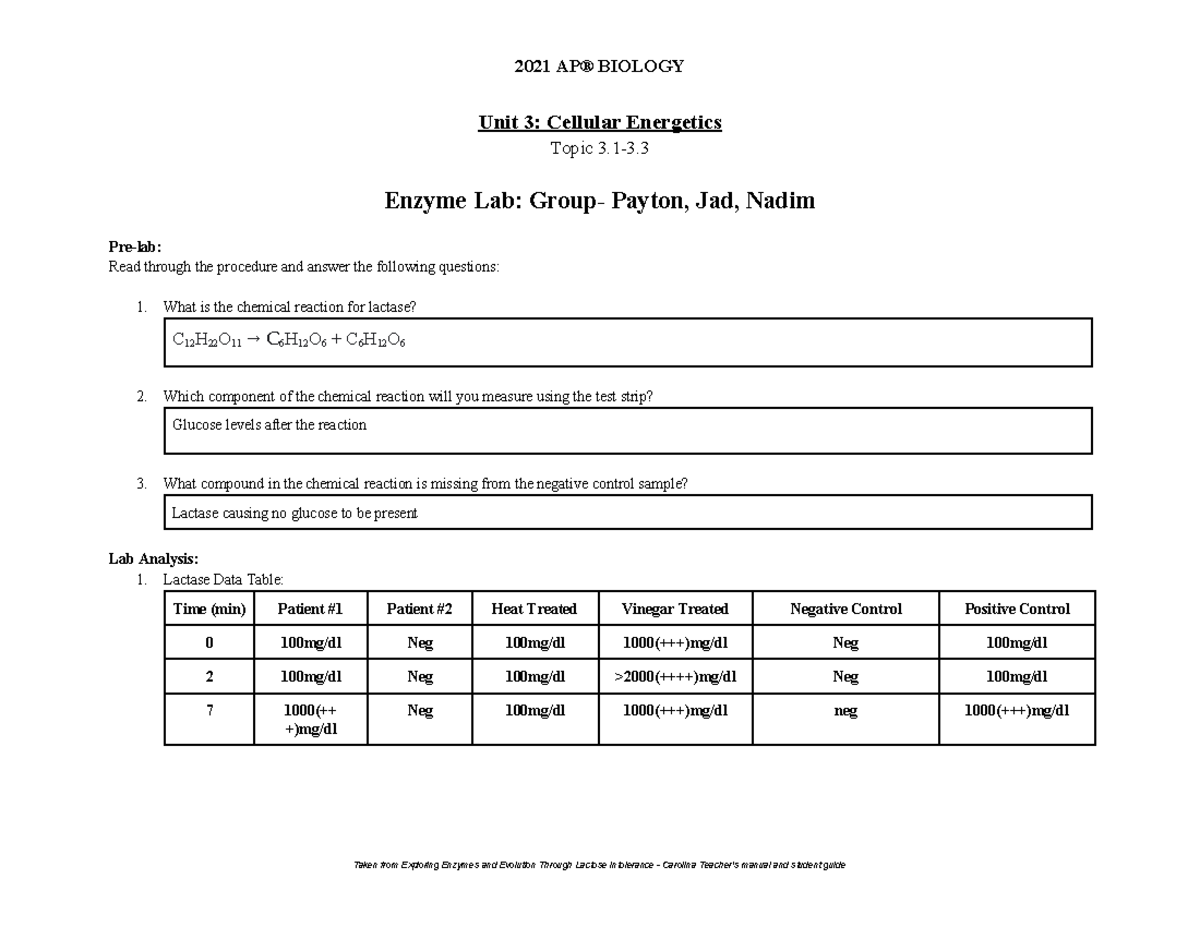 Enzyme Lab Worksheet: Topics 3.1-3.3 (Cellular Energetics) - Studocu