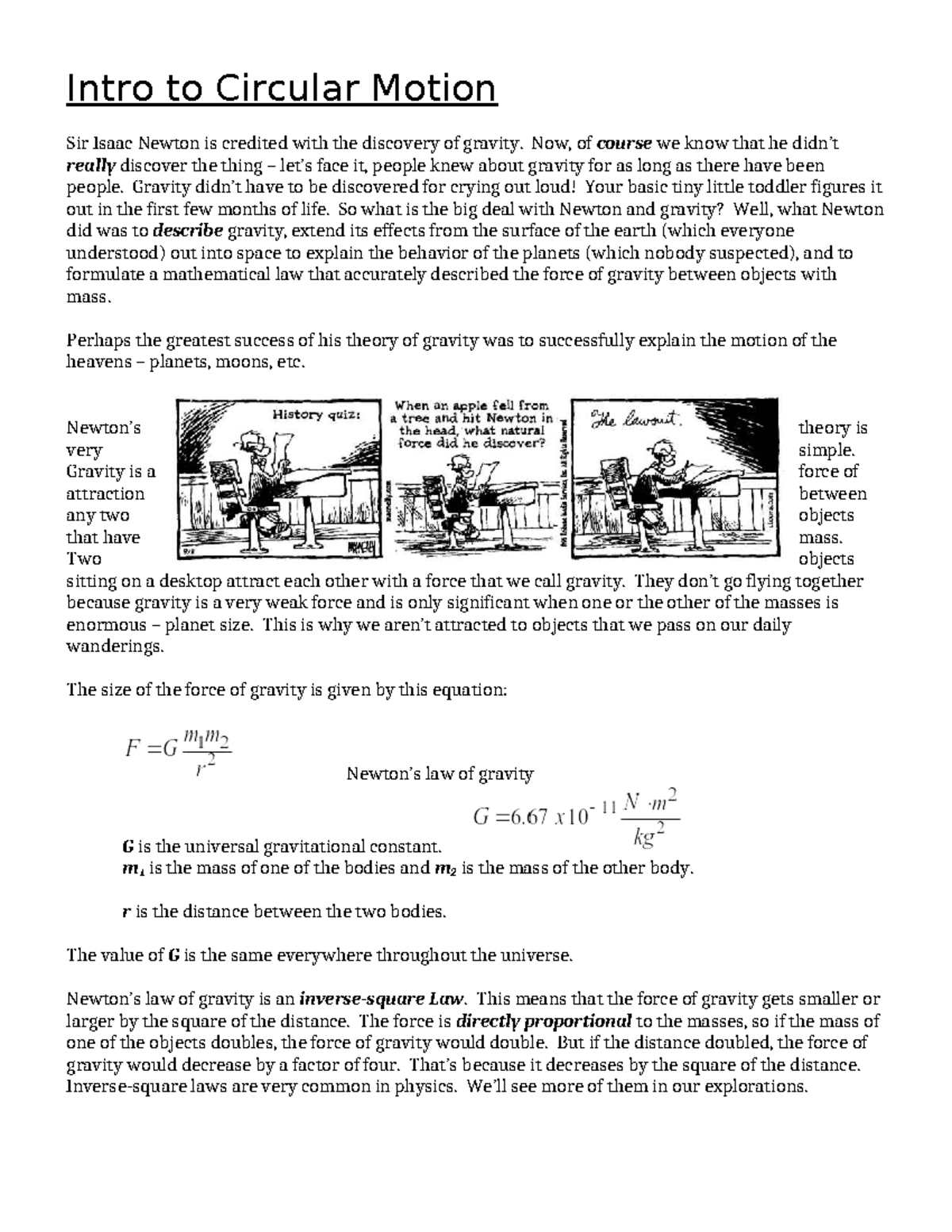 Handout - Intro to Circular Motion & Newton's Law of Gravity - Studocu