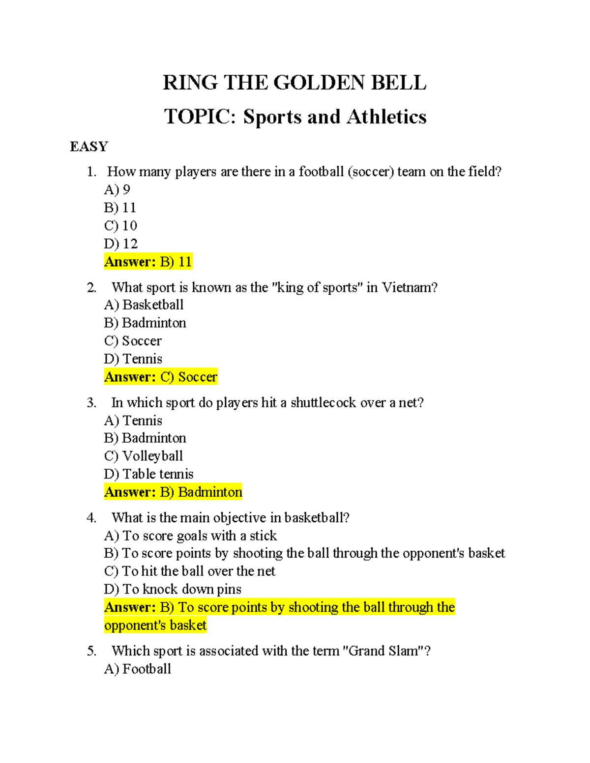 RING THE Golden BELL- Sports - RING THE GOLDEN BELL TOPIC: Sports and ...