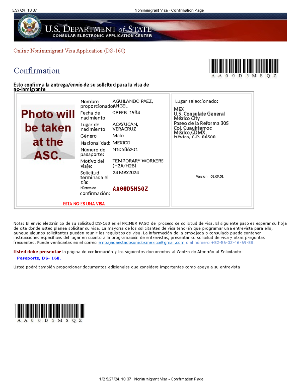 10:37 Nonimmigrant Visa Confirmation - DS-160 Original Form - Studocu