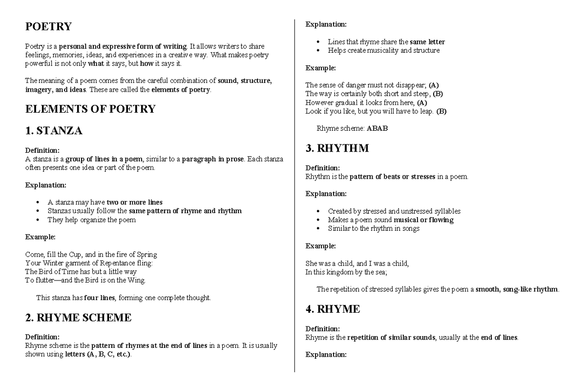 Q4L1 - Elements of Poetry: Understanding Stanzas, Rhyme, and More - Studocu