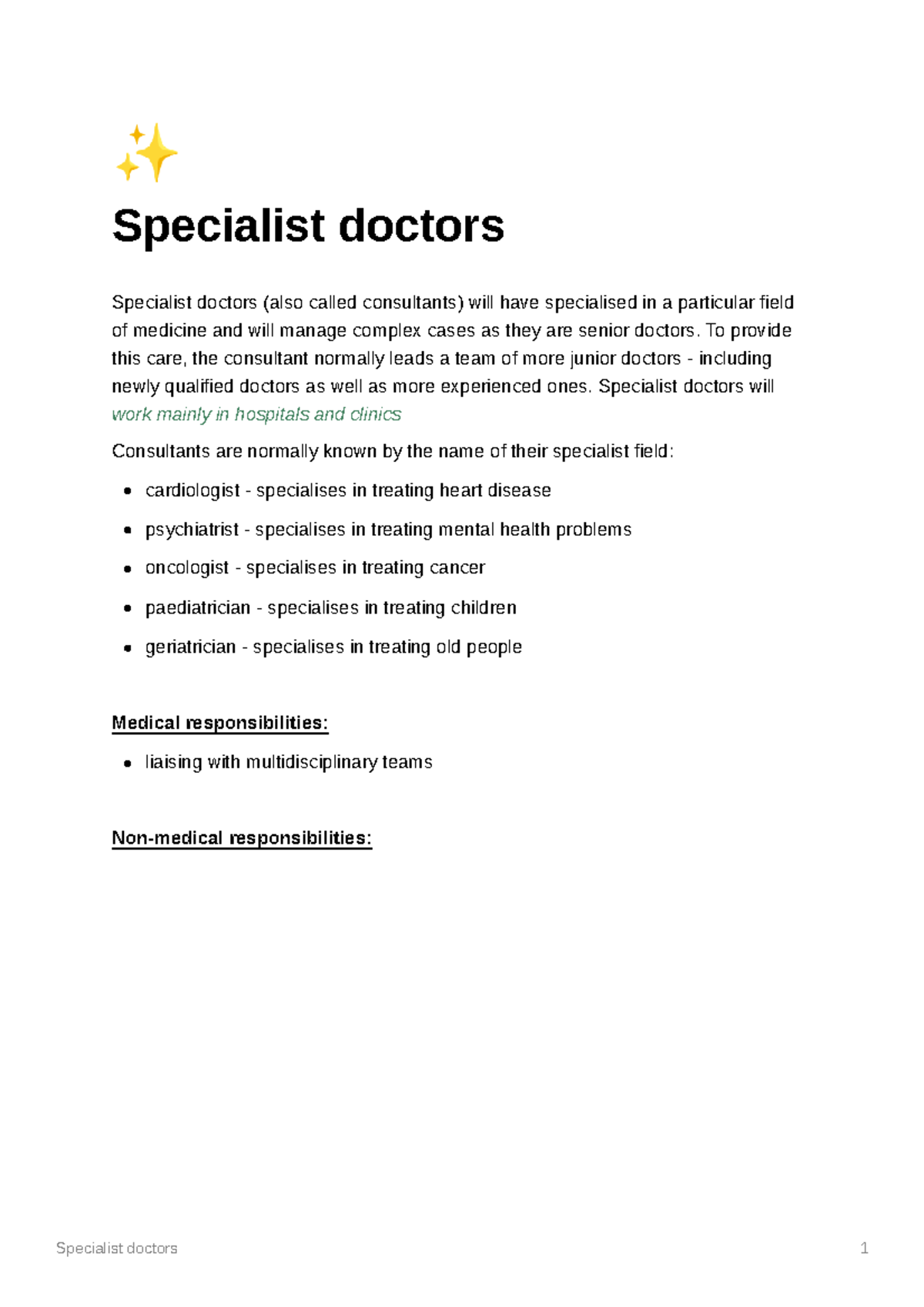 Role and Responsibilities of Specialist Doctors: An Overview - Studocu