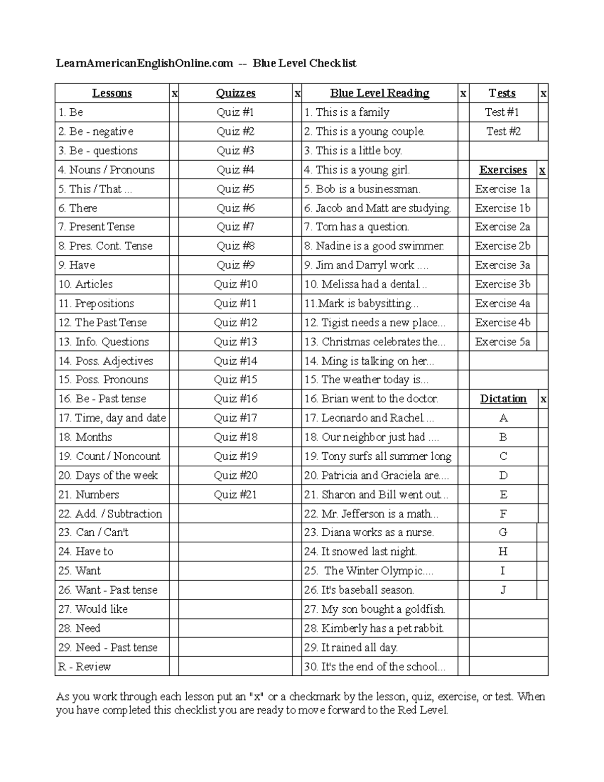 Blue Level Checklist for American English Learning - Studocu