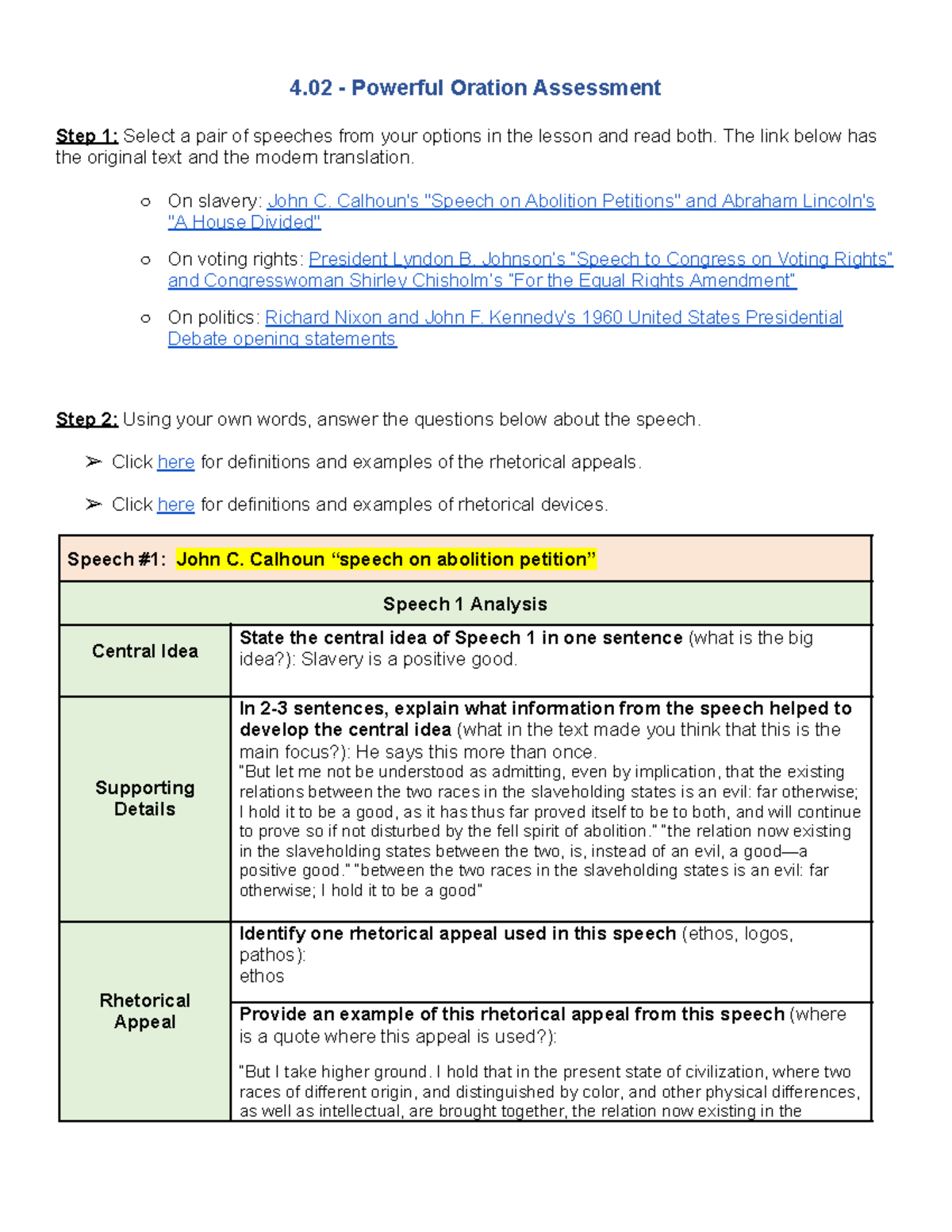 4.02 Guided Template - Analyzing Powerful Oration Speeches - Studocu