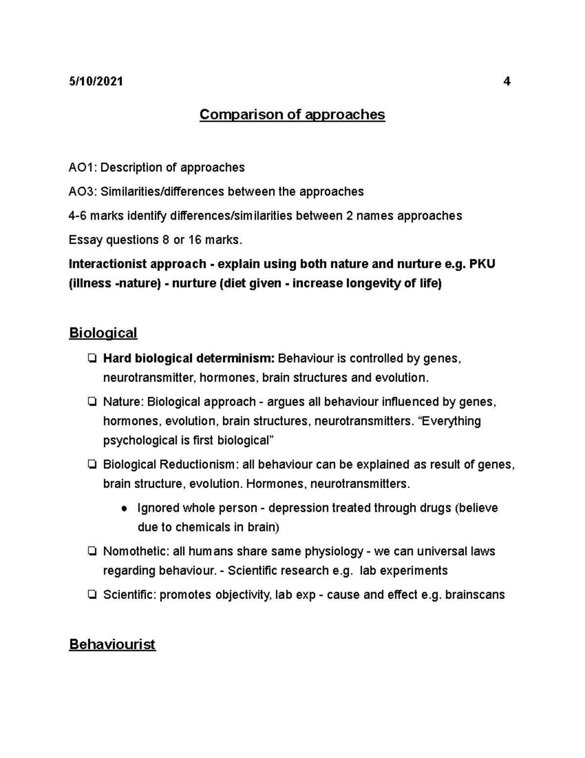 4-Comparison of Psychological Approaches: Analysis and Evaluation - Studocu