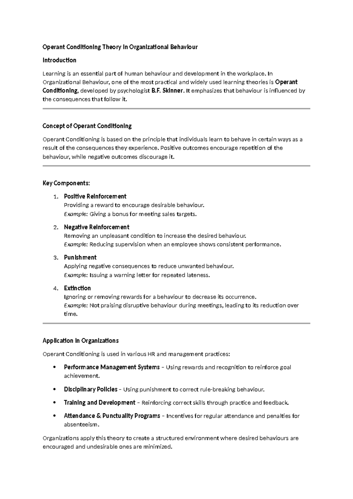 Operant Conditioning Theory in Organizational Behaviour: An Overview ...