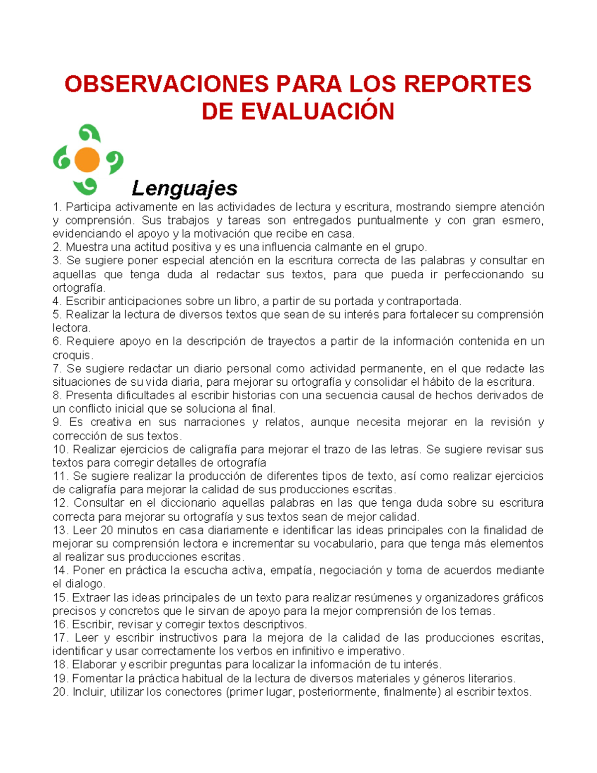 Observaciones para los Reportes de Evaluación - Lenguaje, Ética y ...