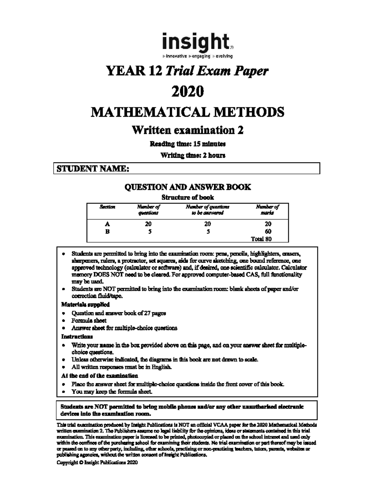 Insight 2020 Year 12 Trial Exam Paper: Mathematical Methods Exam 2 ...