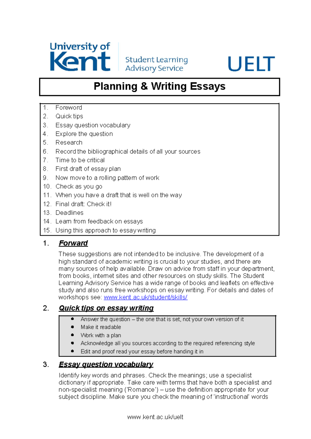 Planning an essay - Planning & Writing Essays 1. 2. 3. 4. 5. 6. 7. 8. 9 ...