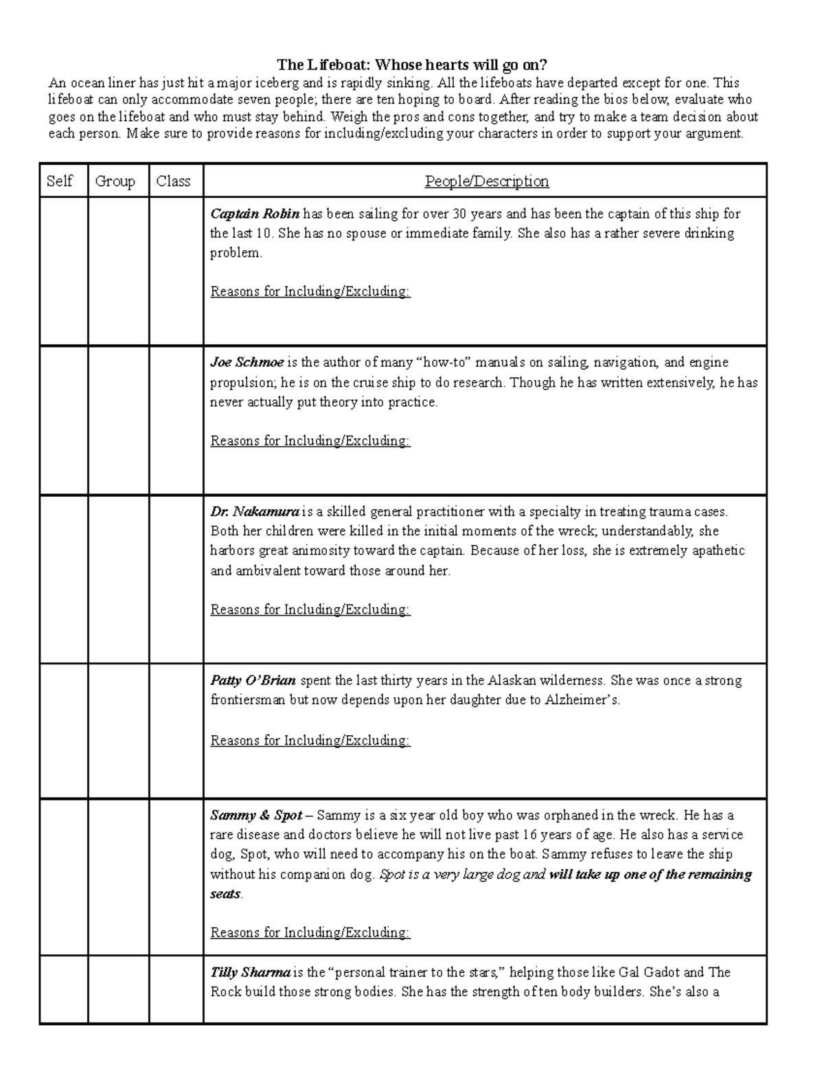 Lifeboat Argumentation Activity: Evaluating Character Choices - Studocu