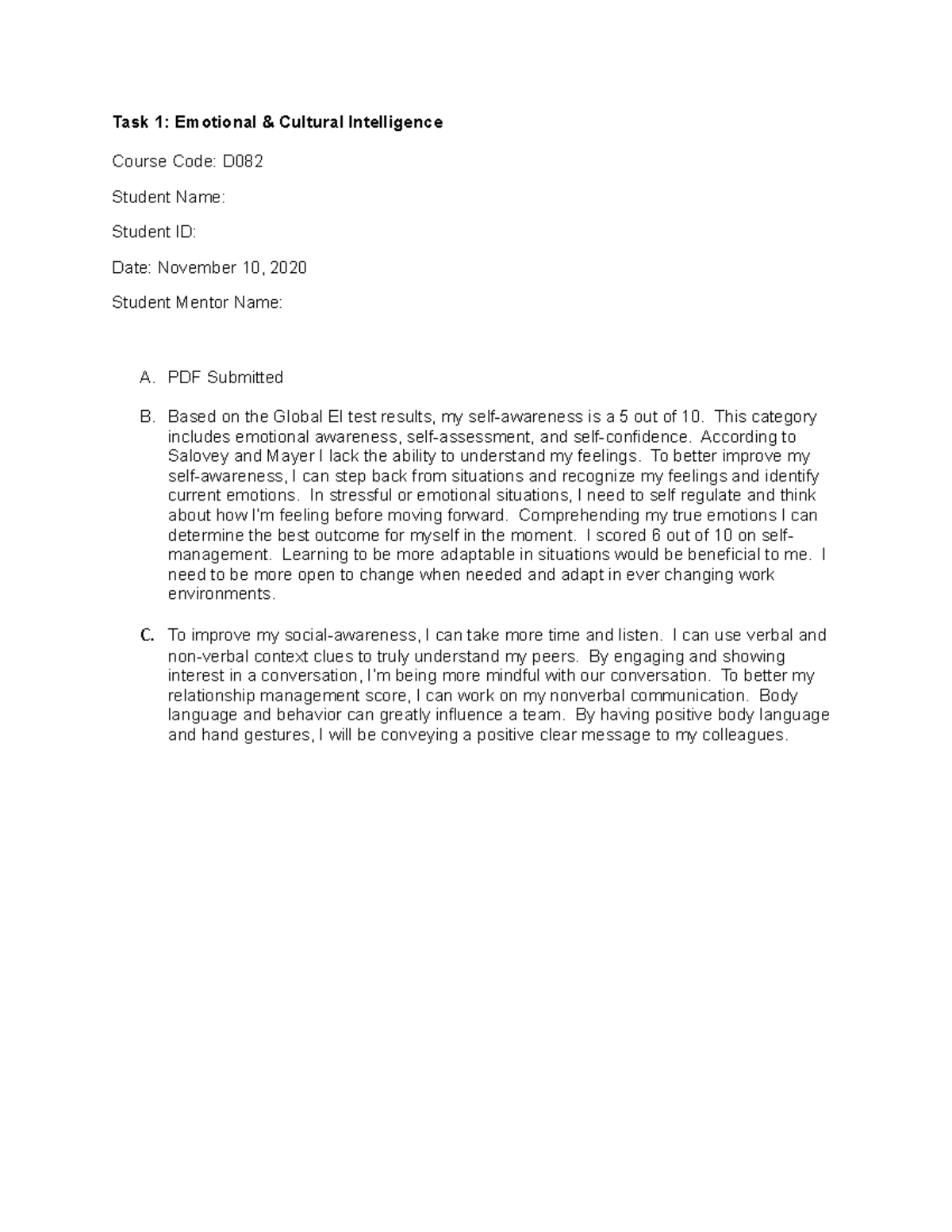 D082 T1 - Passed WGU D082 Task 1 - Task 1: Emotional & Cultural Intelligence Course Code: D ...