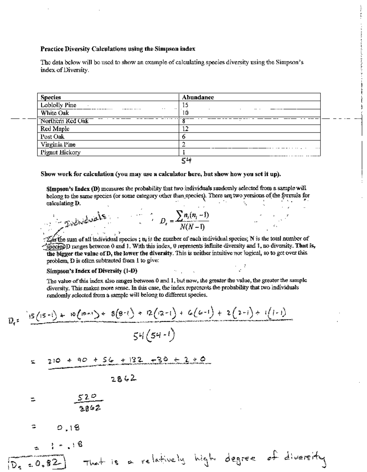 Pre Lab Example: Calculating Simpson's Diversity Index - Studocu