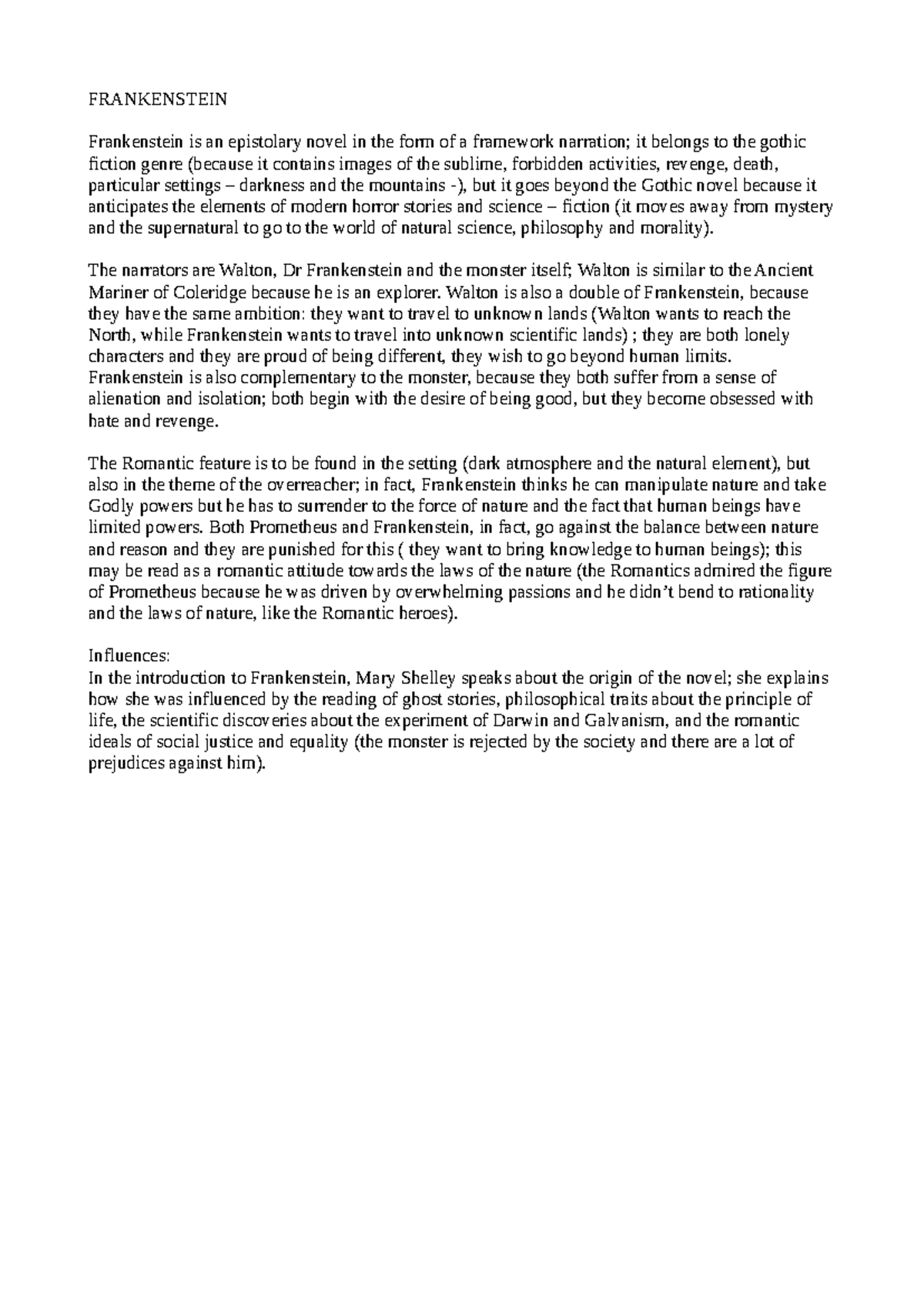 FRANKENSTEIN: Summary of Mary Shelley's Gothic Novel - Studocu