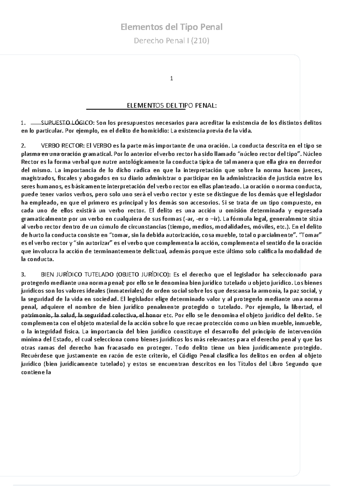Elementos del Tipo Penal - Derecho Penal I (210) - Studocu