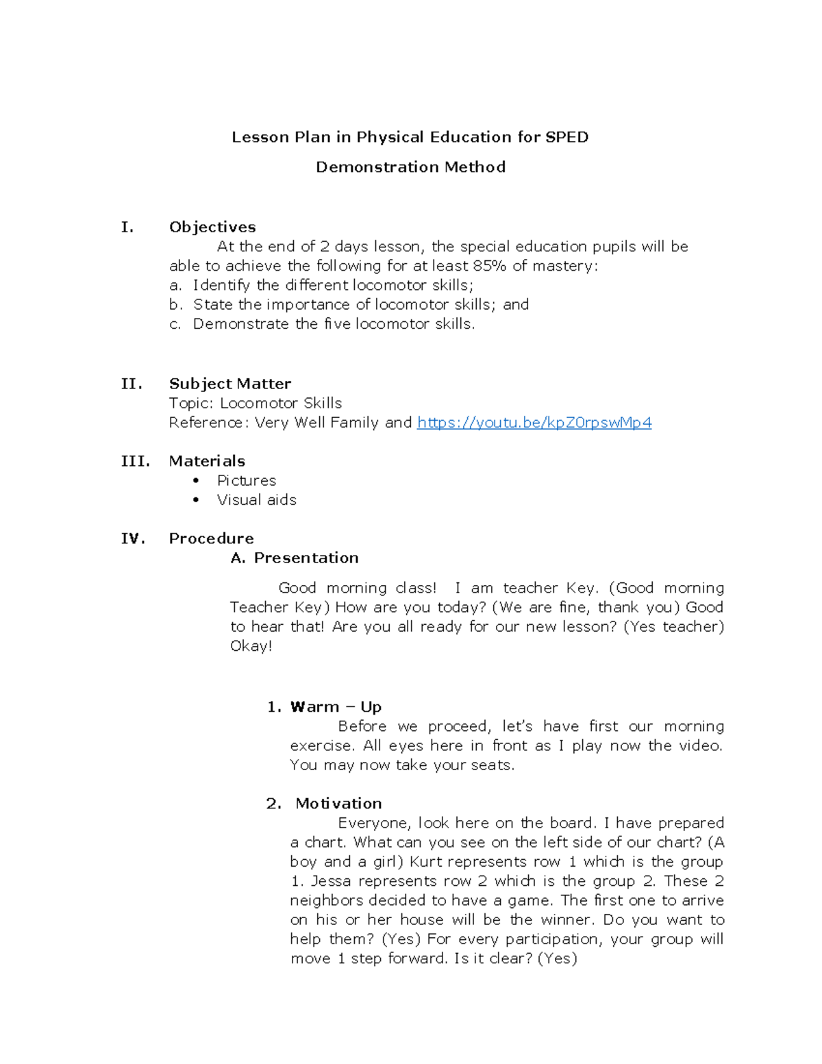 Lesson Plan in PE Special Education - Lesson Plan in Physical Education ...