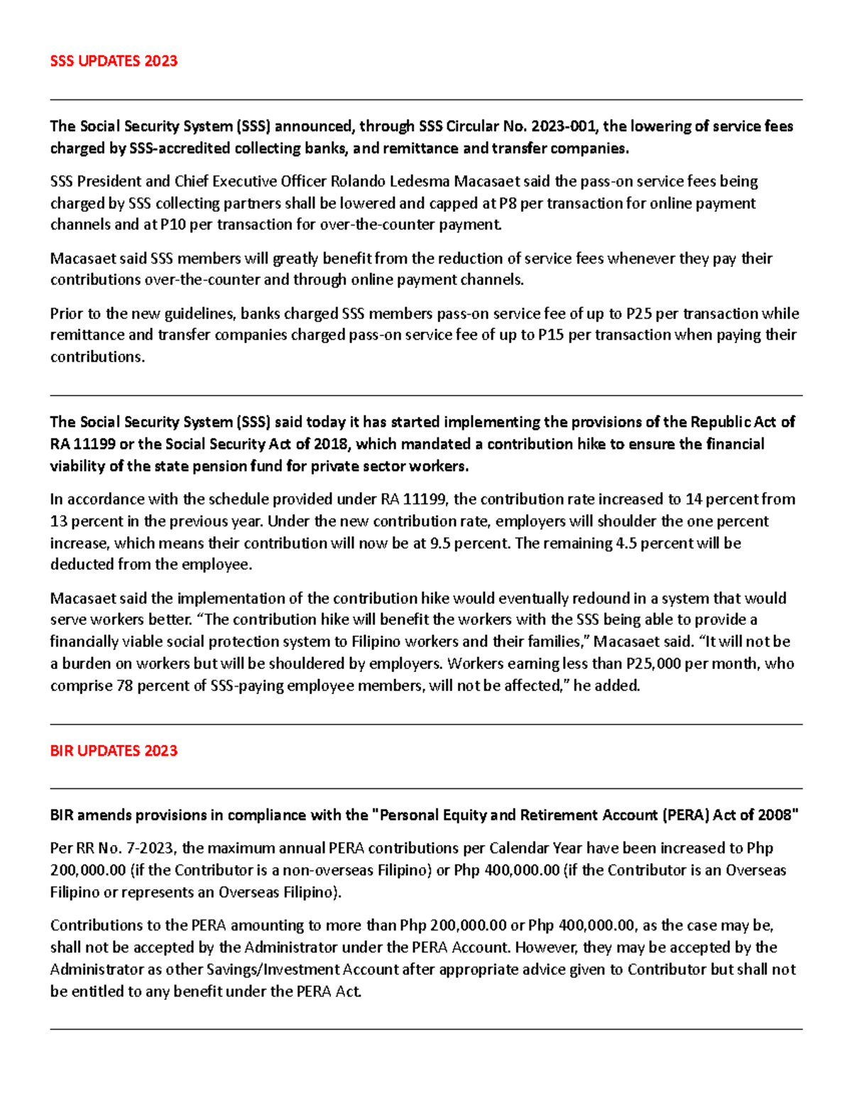SSS & BIR Updates 2023 - Lowered Fees & Changes in Tax Rates - Studocu