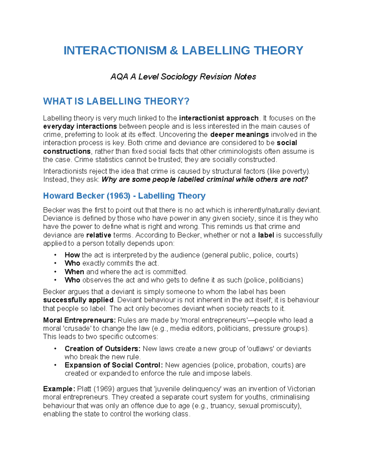 Labelling Theory AQA A Level Sociology Revision Notes - Studocu