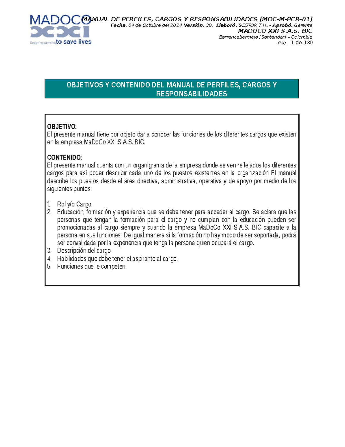 Manual de Perfiles, Cargos y Responsabilidades - MADOCO XXI S.A.S ...