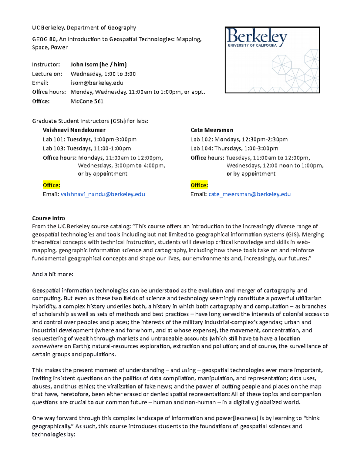 Lecture syllabus - UC Berkeley, Department of Geography GEOG 80, An ...