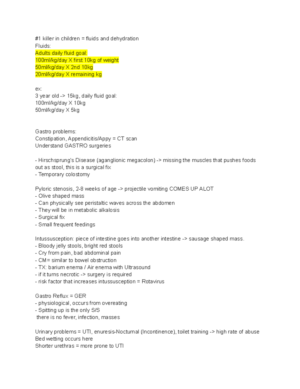 Pediatrics Lecture Notes: Fluids, Gastro Issues & Urinary Problems ...