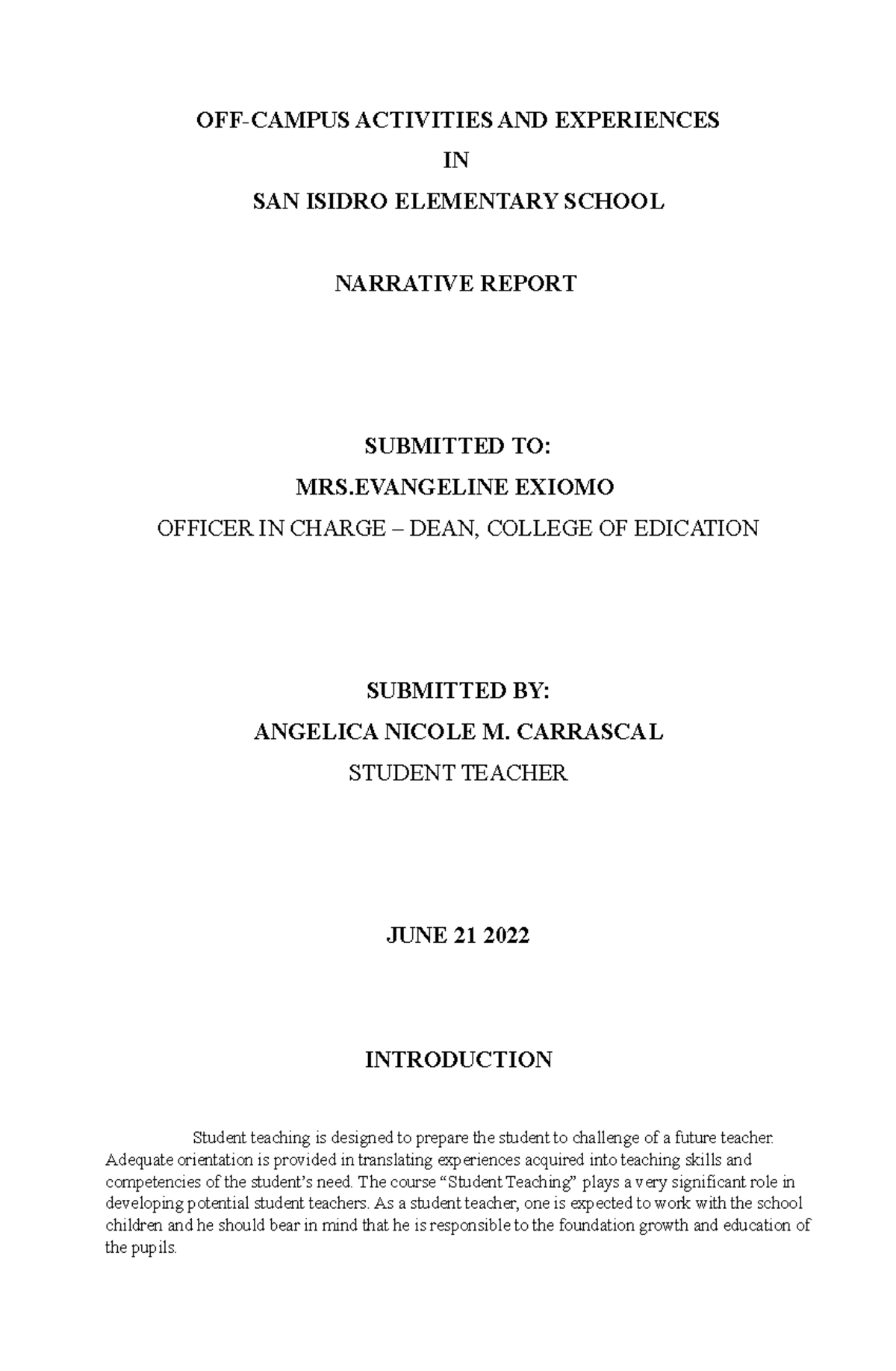 Narrative Report on Student Teaching Experience at San Isidro ES - Studocu