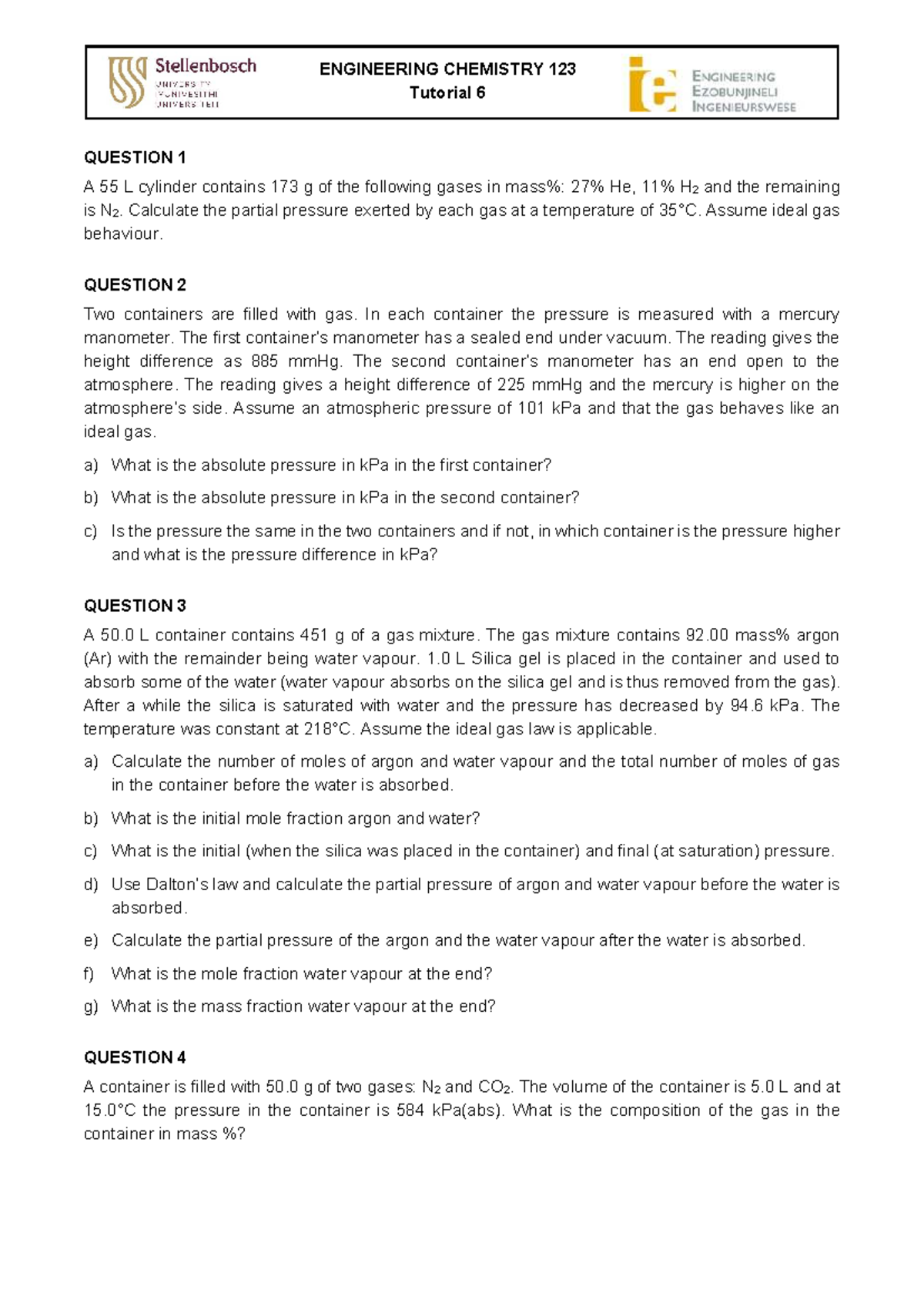 Engineering Chemistry 123 - Tutorial Questions - Studocu