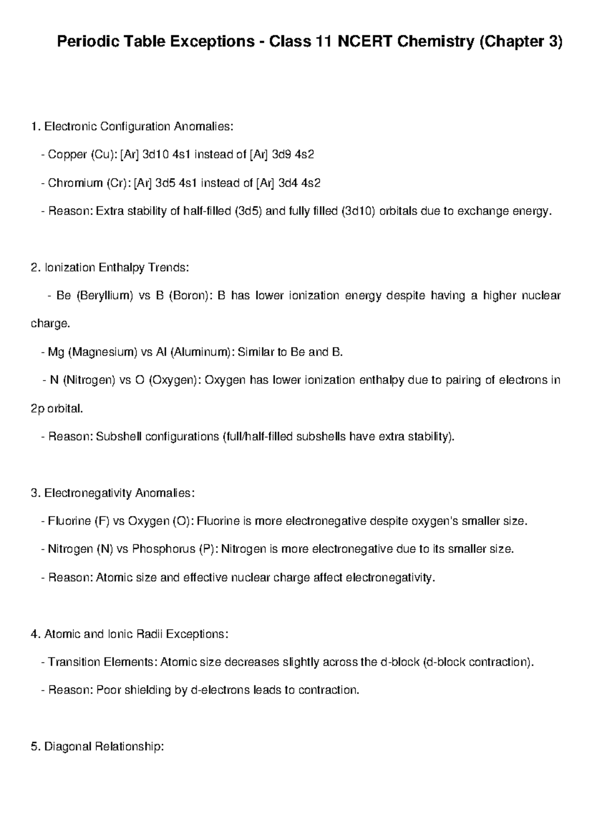 Periodic Table Exceptions Class 11 NCERT Chemistry (Ch 3) - Studocu
