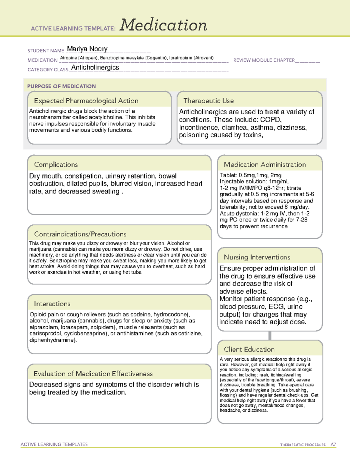 Active Learning Template: Anticholinergic Medications Overview - Studocu