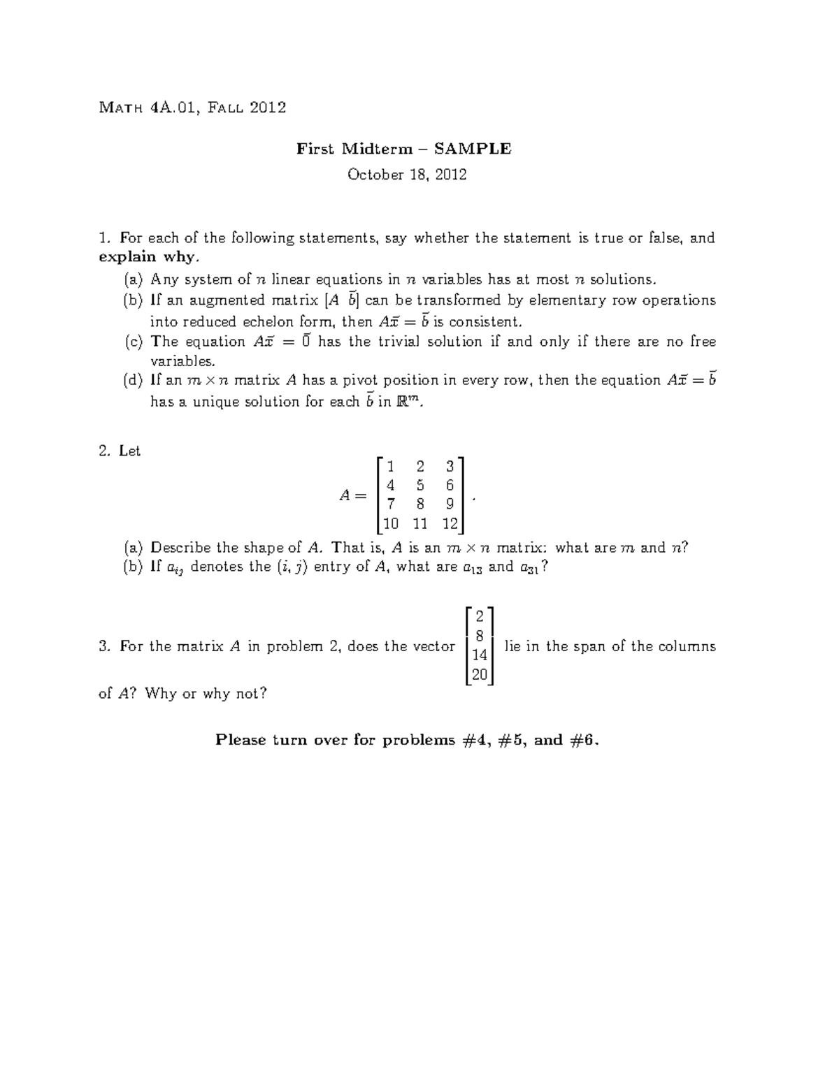 Math 4A.01 Fall 2012 Midterm 1 Sample Exam Questions - Studocu