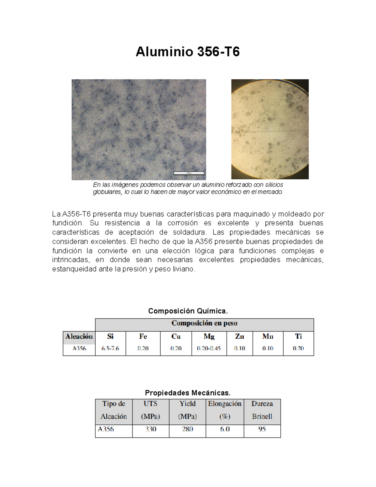 Aluminio 356-T6: Ficha Técnica y Propiedades Mecánicas - Studocu