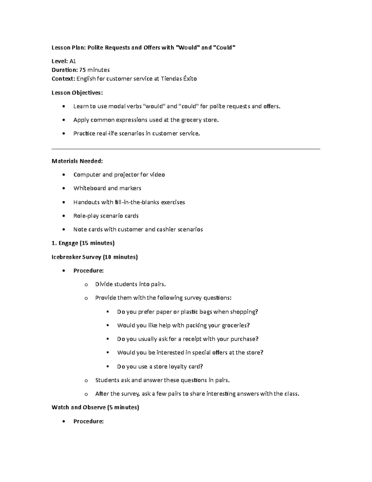 Lesson Plan polite expressions - Lesson Plan: Polite Requests and ...