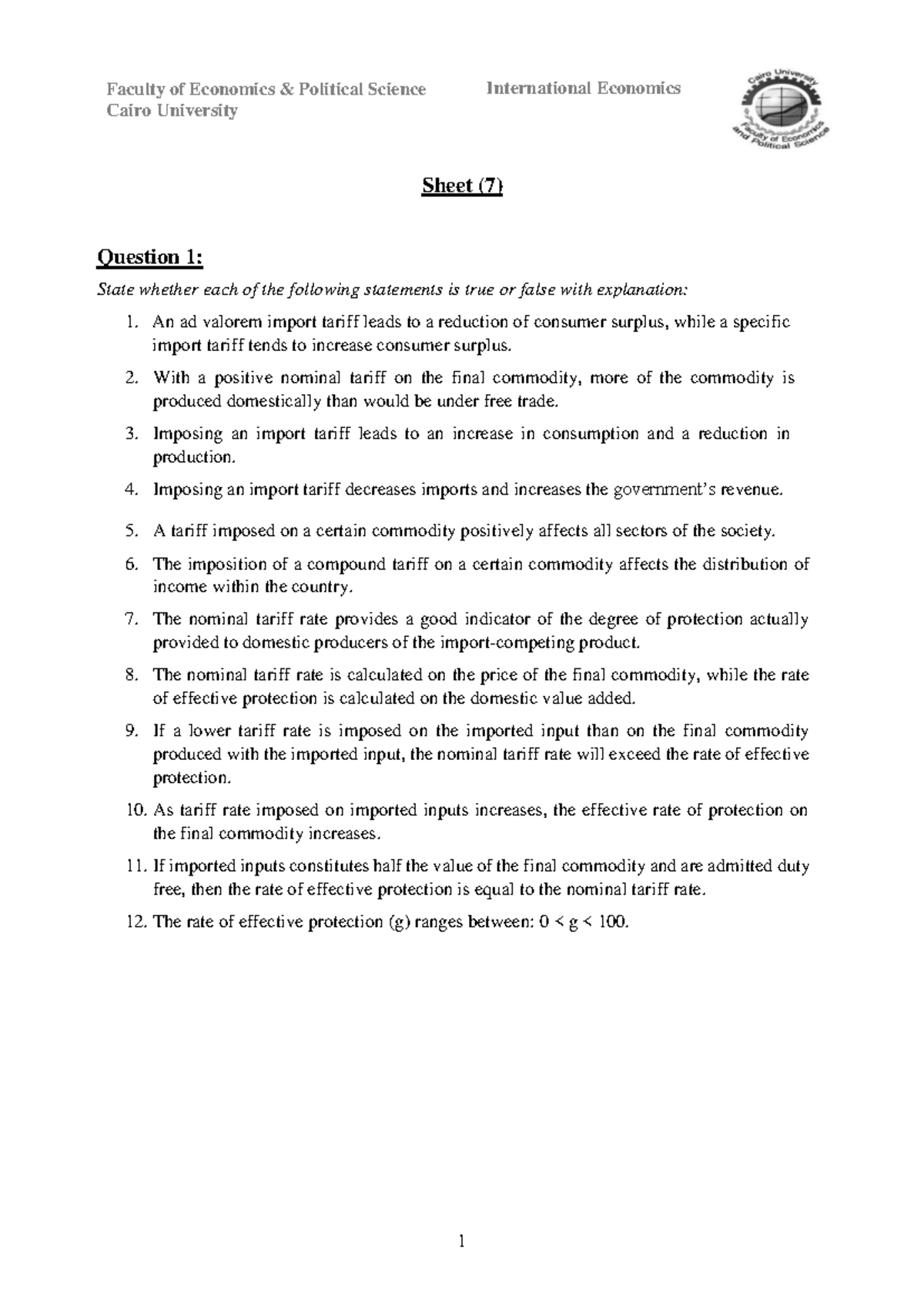 International Economics (IE 2026) Exam Sheet: Tariff Impacts Analysis ...