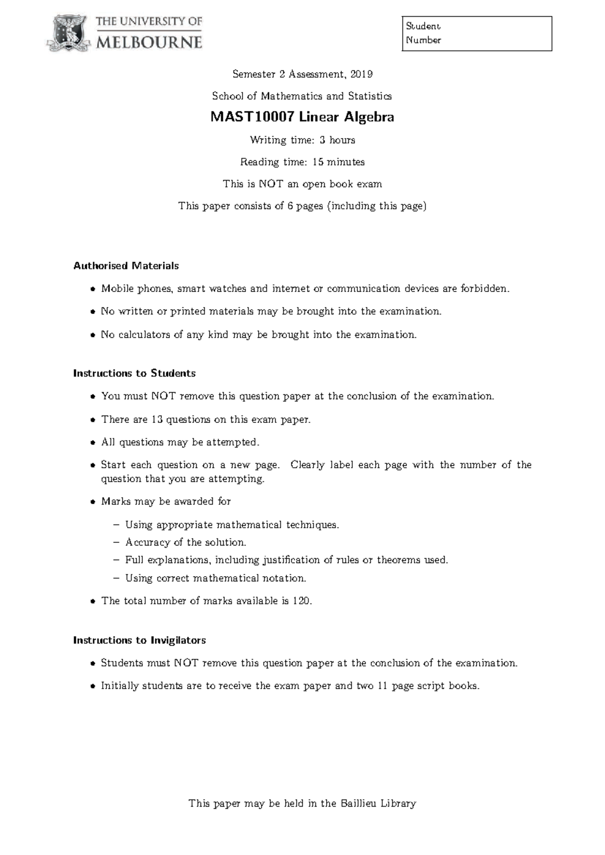 2019 sem2 - 2019 linear algebra semester 2 final exam - Student Number ...
