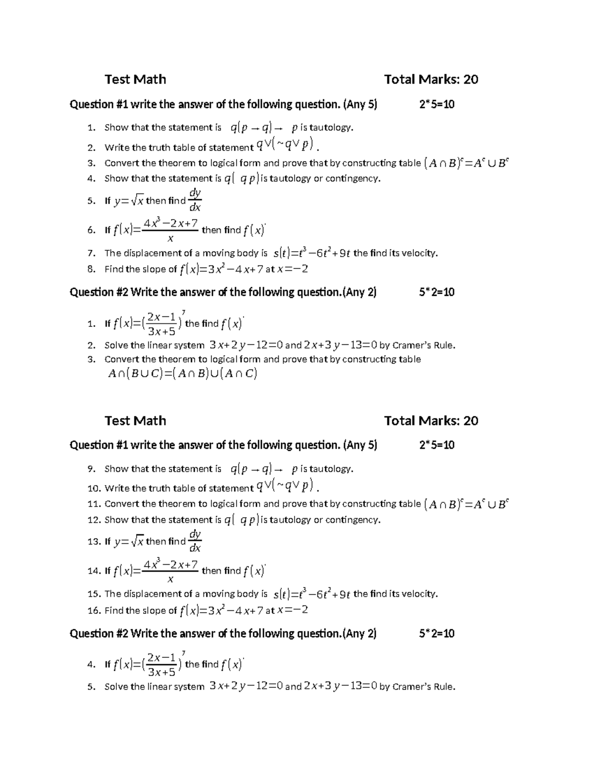 Math Test Questions and Answers (Total Marks: 20) - Studocu