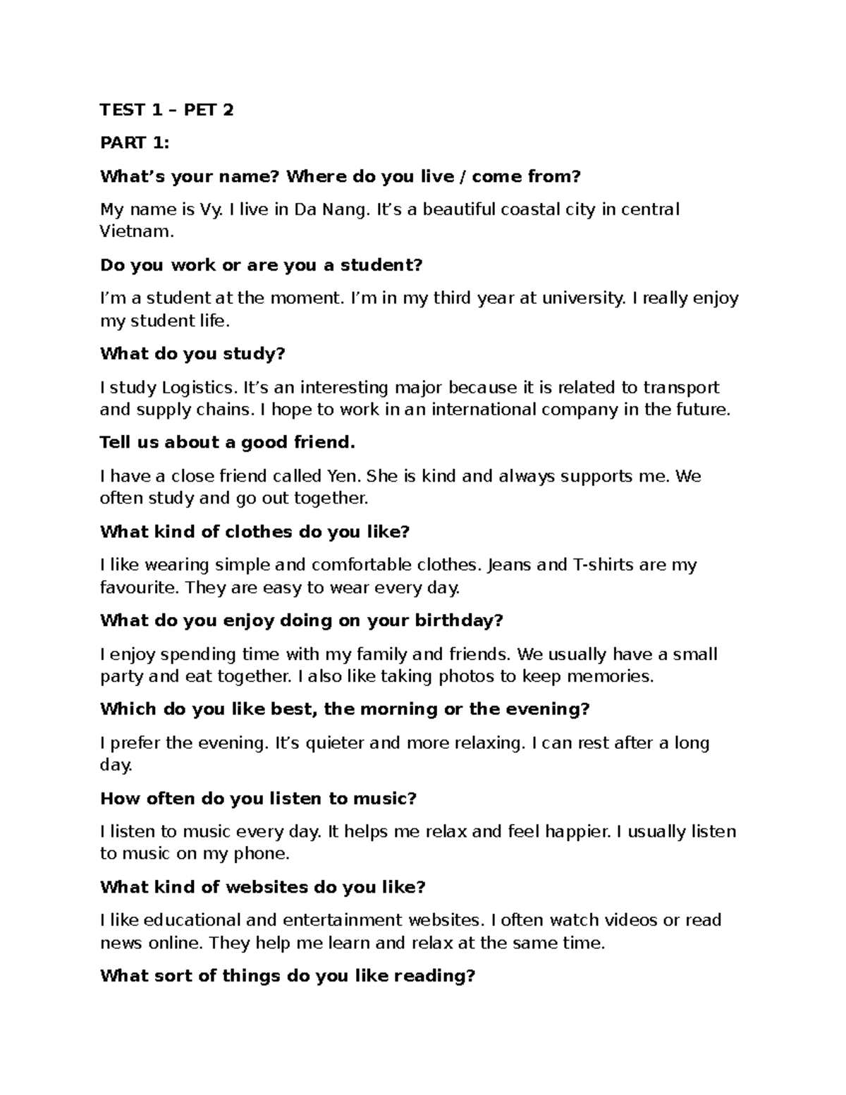 TEST 1 - PET 2 - Speaking & Writing Practice - Studocu