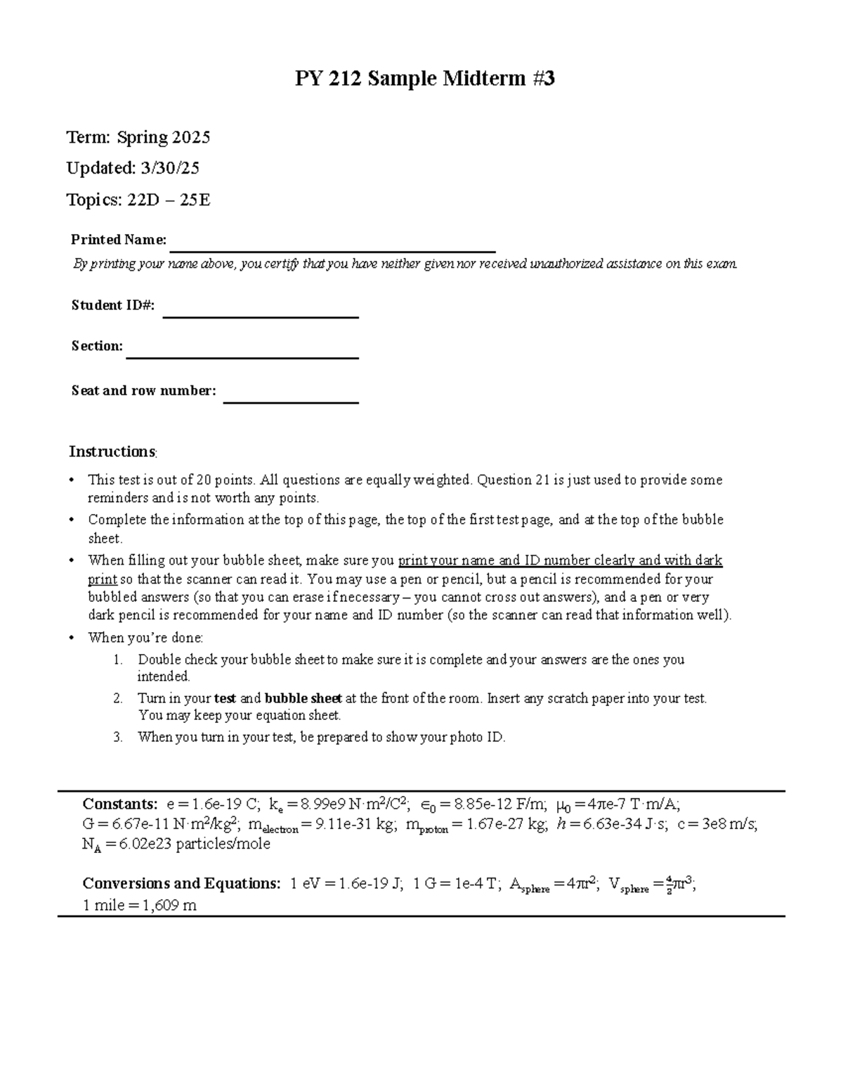 PY212 MT3 Sample Test - Constants: e = 1-19 C; ke = 8 N·m 2 /C 2 ; 0 ...